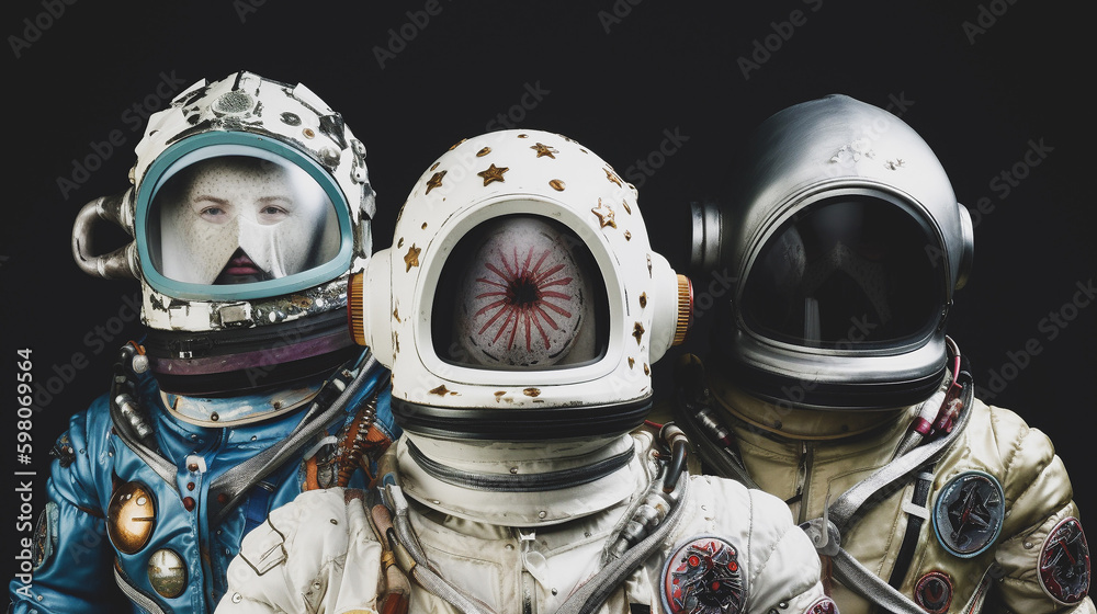 Actors wearing cheesy sci fi costumes from outer space for a retro ...