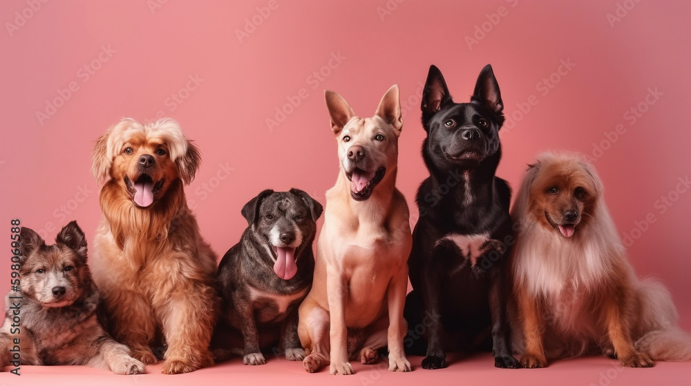 Group of dogs of various shapes, sizes, age and breed together in front ...