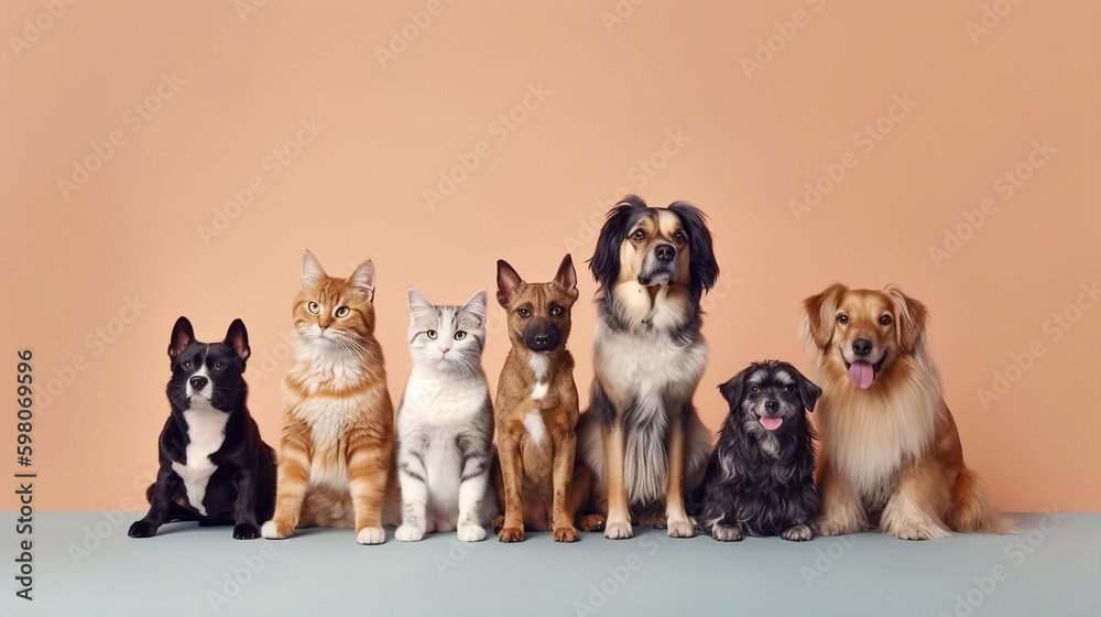 Dogs and cats lined up together for a portrait in front of a seamless ...