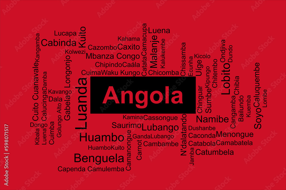 Tagcloud of the most populous cities in Angola. The background is in ...