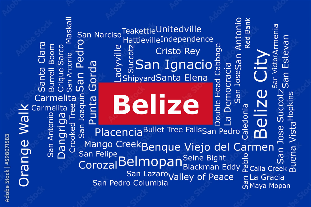 Tagcloud of the most populous cities in Belize. The background is in ...