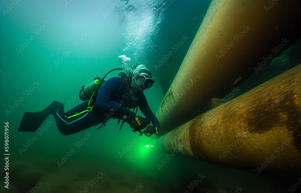 Pipeline underwater. Diver inspection. Natural Gas Pipeline underwater. Construction Gas ...