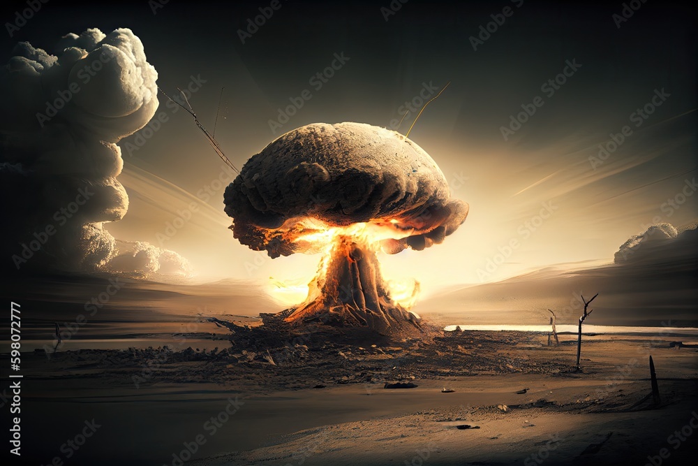 aftermath of nuclear bomb, with mushroom cloud and devastation visible ...