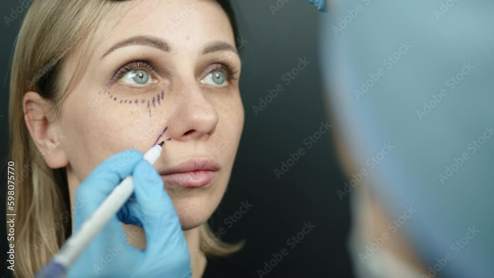 Over the shoulder shot of surgical marking of female face. Close up of ...