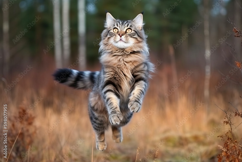 Blue tabby maine coon cat jumping, play in park (Ai generated) Stock ...