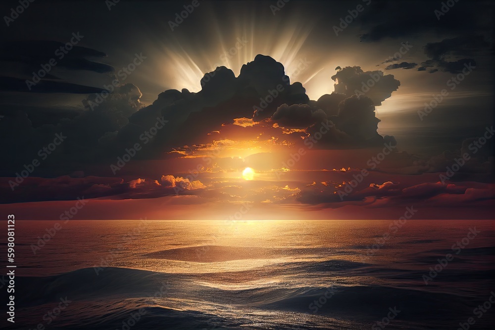 surreal scene of sun setting behind ocean horizon, with clouds and mist ...