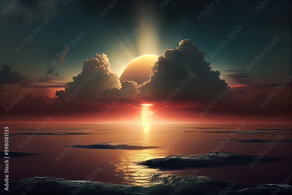 surreal scene of sun setting behind ocean horizon, with clouds and mist ...
