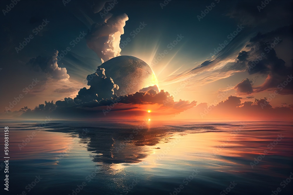 surreal scene of sun setting behind ocean horizon, with clouds and mist ...