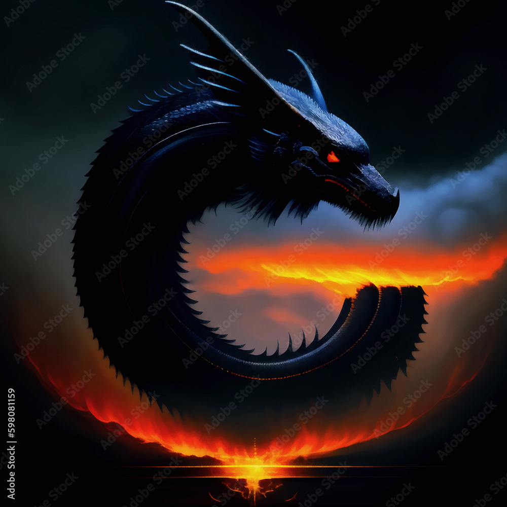 Black dragon in a fiery flame. Symbol of eternity, mythical animals ...