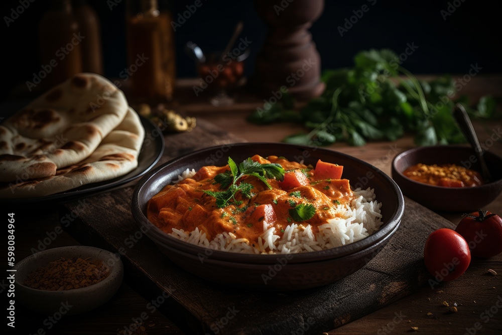Hot & Delicious: A Colorful Curry Dish with Rice & Naan bread ...