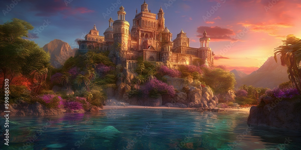 Castillo rodeado de aguas cristalinas y palmeras exuberantes IA ...