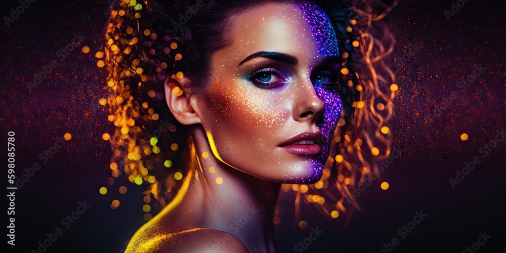 Glowing beautiful face with glittering make up on girl in hyper ...