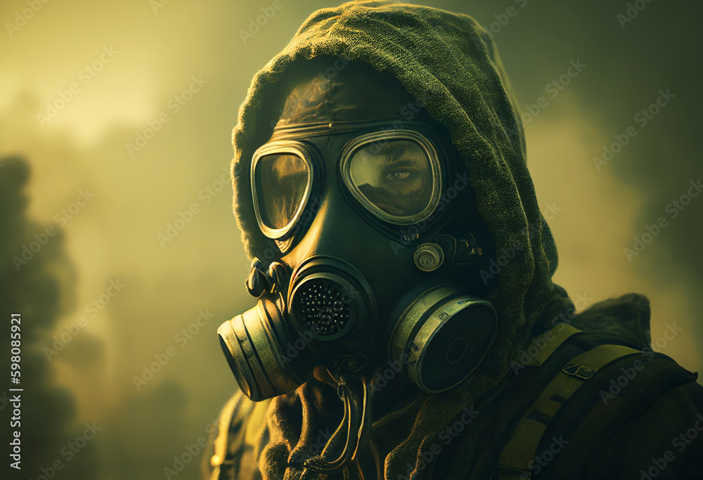 Gas mask on man during explosion. Chemical weapons against civil ...