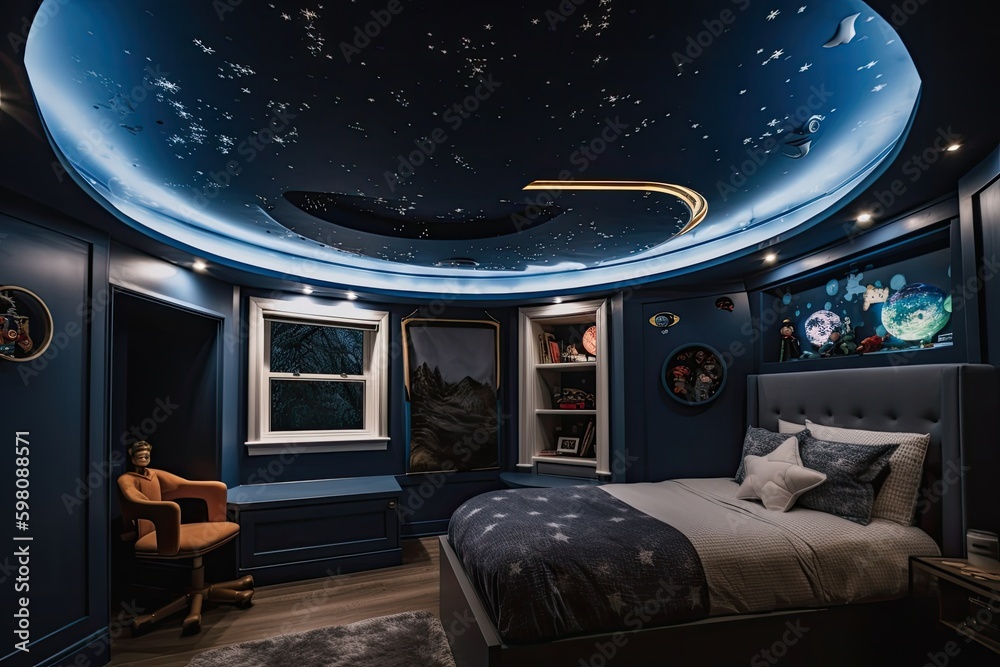 spaceship bedroom with starry night sky ceiling, moon and planets ...