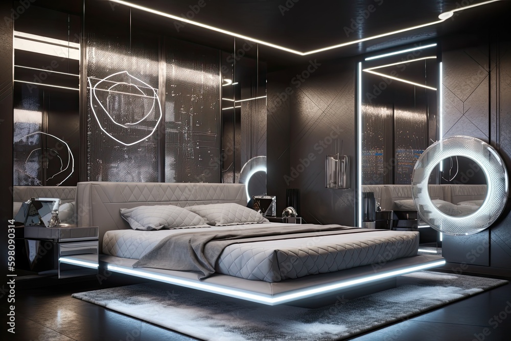 futuristic bedroom with sleek lines and metallic decor, featuring ...