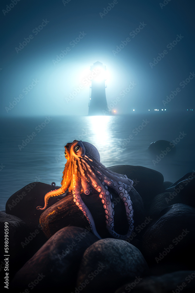 giant octopus emerging from the ocean, with a lighthouse in the ...