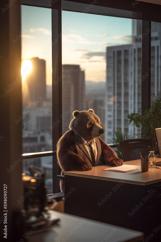 bear dressed in business attire working in a high-rise office building ...