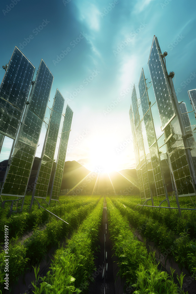 A surreal scene of a solar panel field powering a vertical farm, with ...
