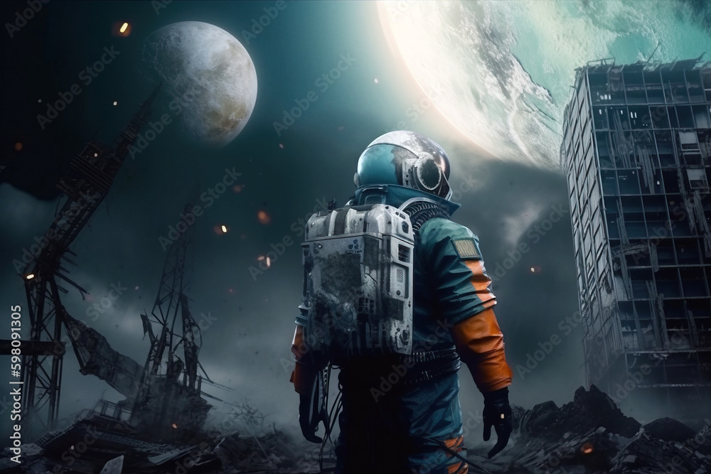 Futuristic space ranger astronaut in ruined cyberpunk city. Digitally ...