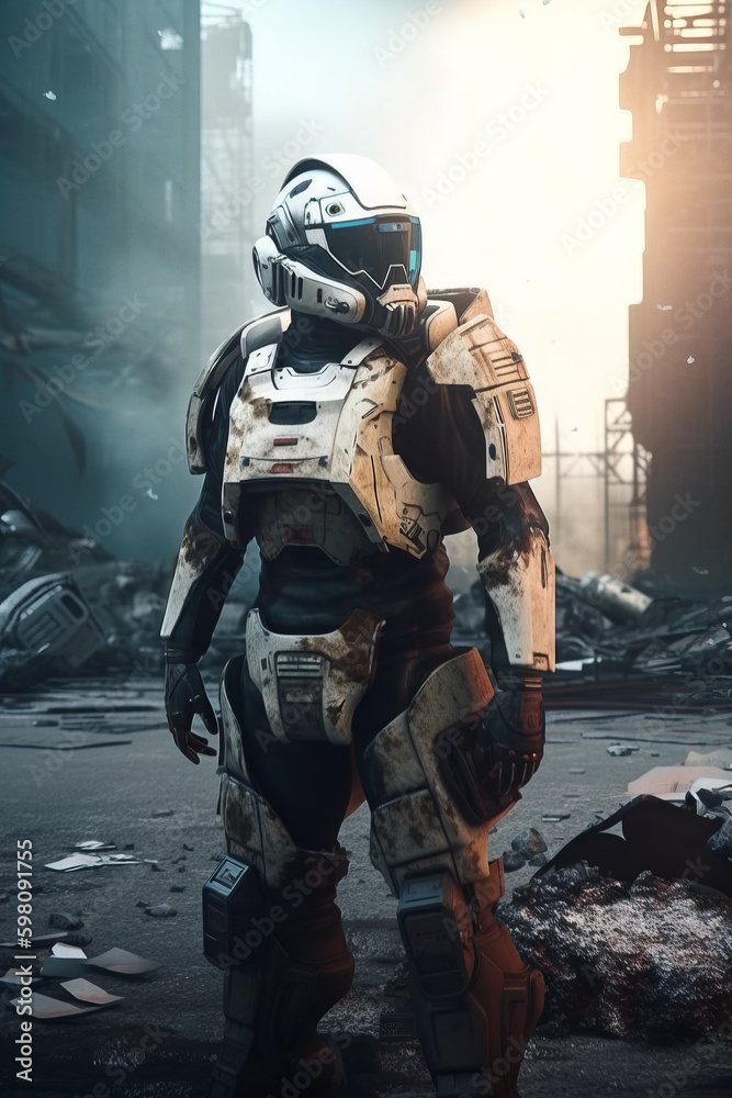 Futuristic space ranger astronaut in ruined cyberpunk city. Digitally ...