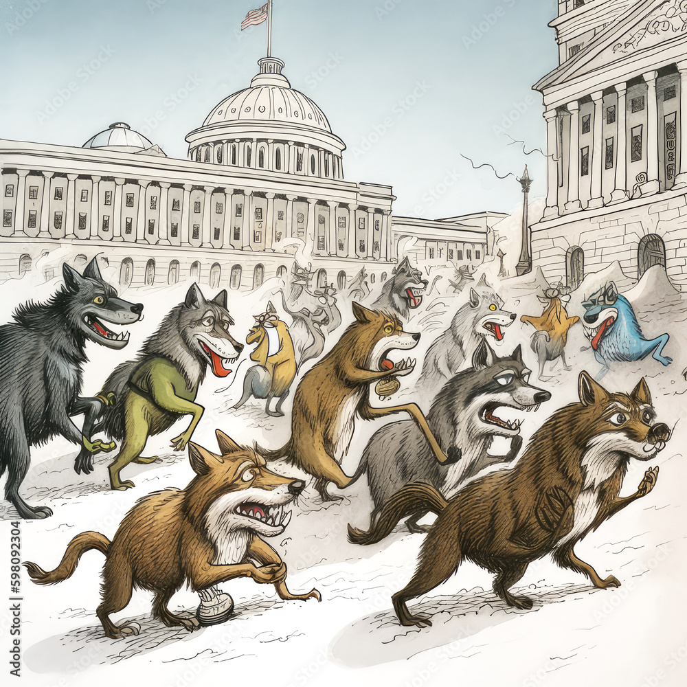 A cartoon drawing of a pack of wolves leading a democratic society ...