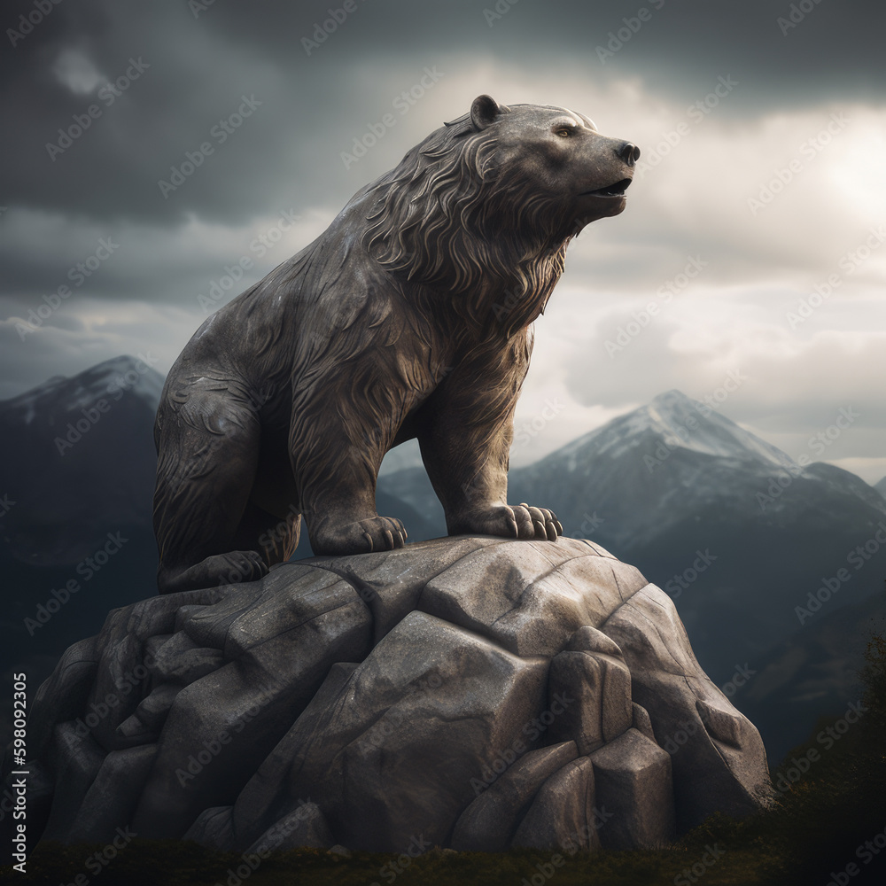 A sculpture of a bear king standing tall on a rocky mountain, with a ...