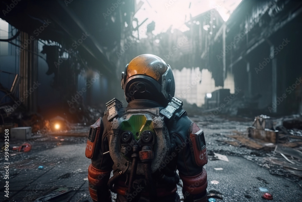 Futuristic space ranger astronaut in ruined cyberpunk city. Digitally ...