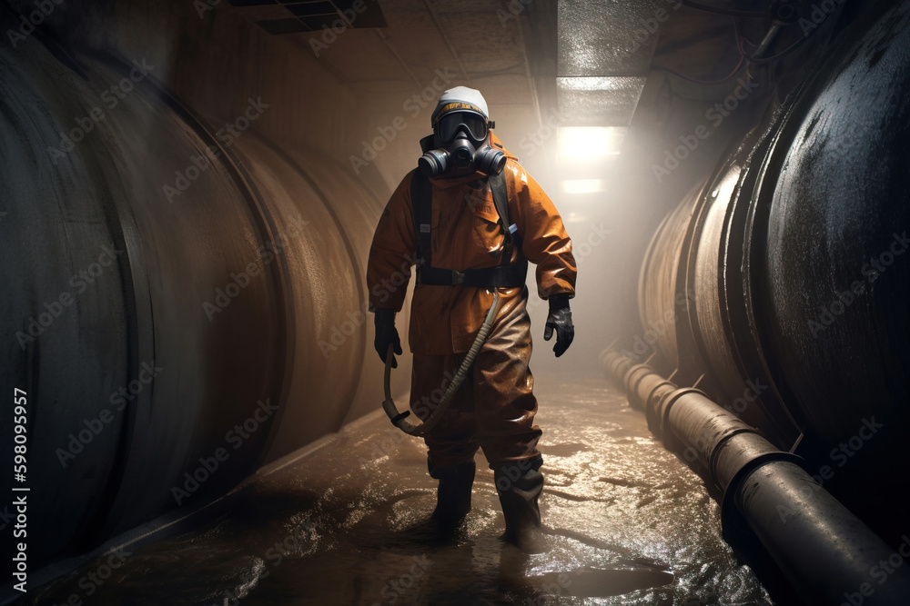 Man in hazmat suit in dark sewer. Not actual real person. Digitally ...