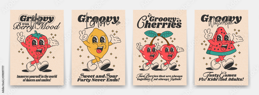 Collection of bright groovy posters 70s. Retro poster with funny ...