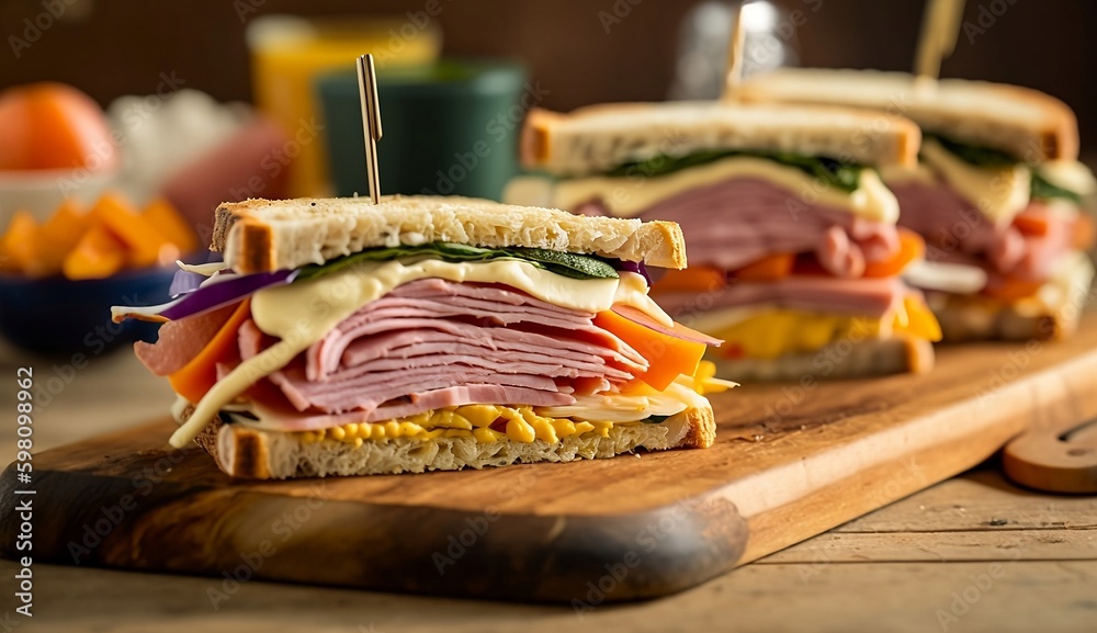 Loaded sandwiches packed with wheat bread, pastrami, cheddar cheese ...