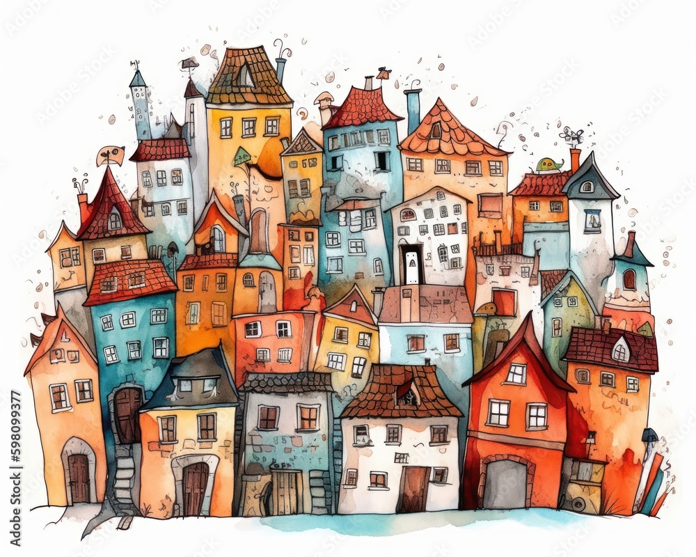 house ink lines modern gouache texture houses sky background ...