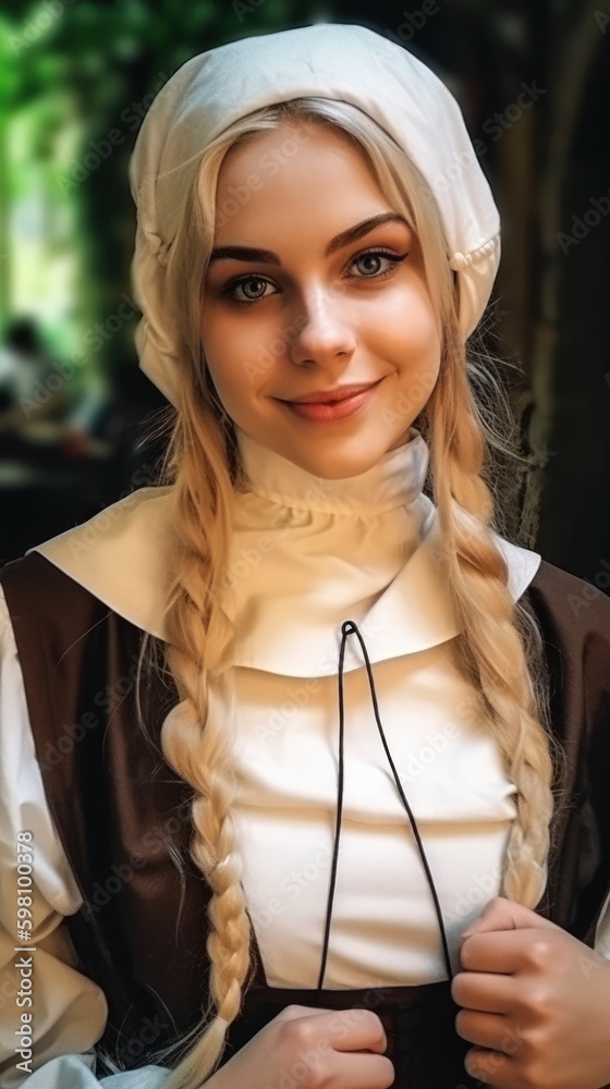 closeup woman costume hat young girl medieval tavern ava nun outfit ...