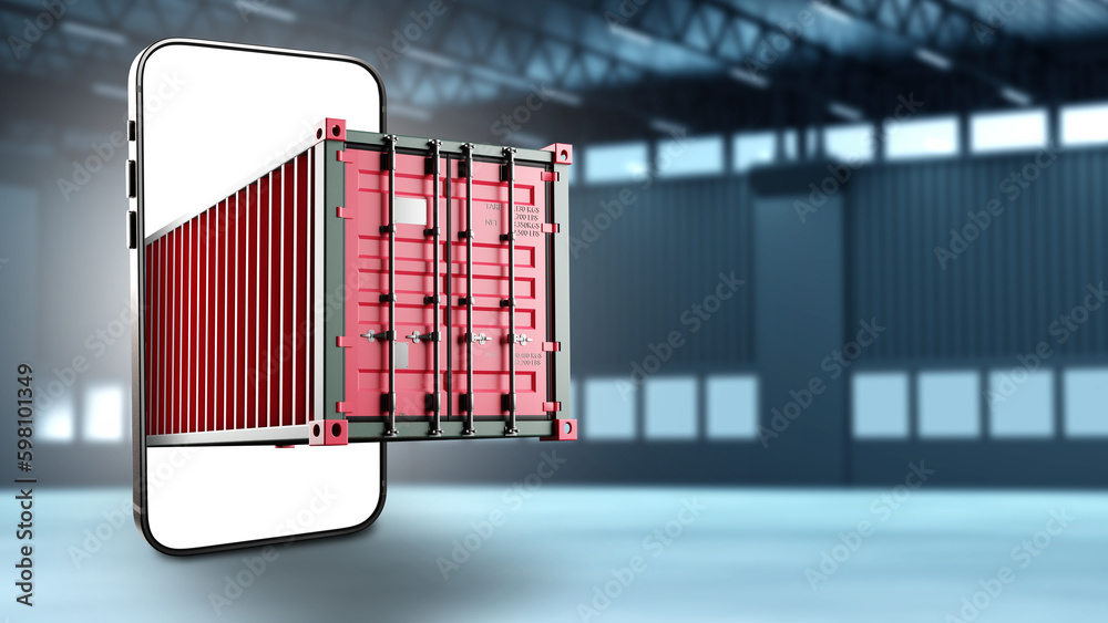 Cargo container. Red container in smartphone screen. Concept ...
