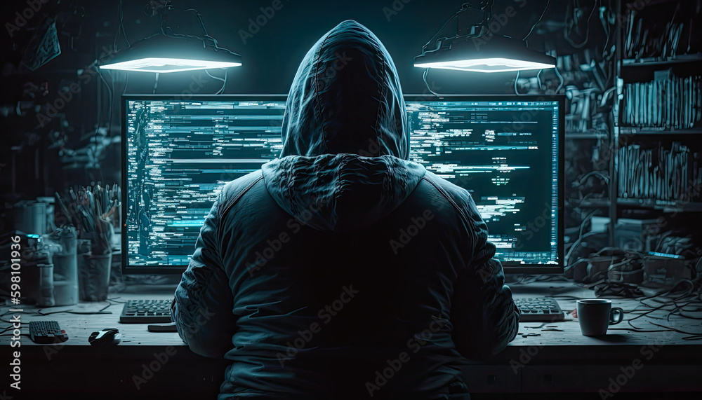 person sitting in front of a computer in a dark room. room with hacker ...