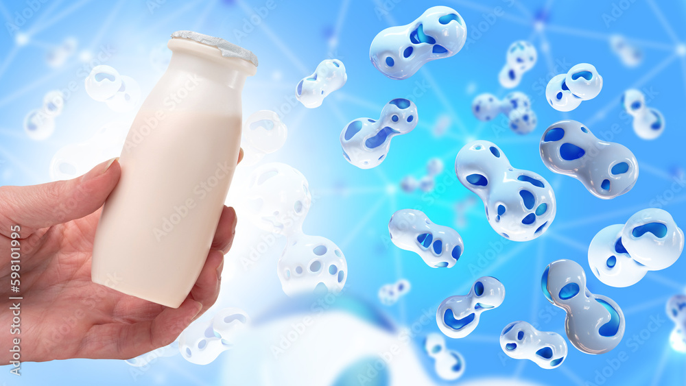 Hand with probiotics. Jar for yogurt. Cells with lactobacilli. Food ...