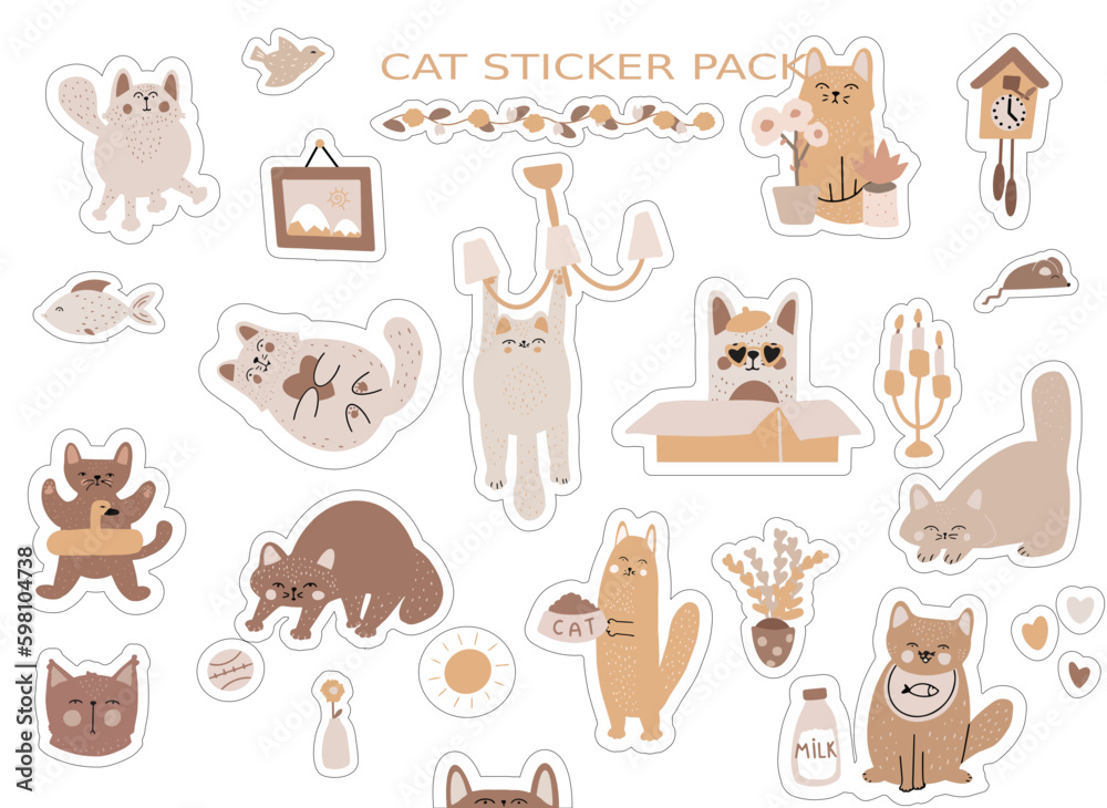 Cat sticker pack collection. Vector set. Cute handrawn kittens Stock ...