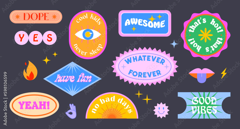 Vector set of cute funny patches and stickers in 90s style.Modern icons ...