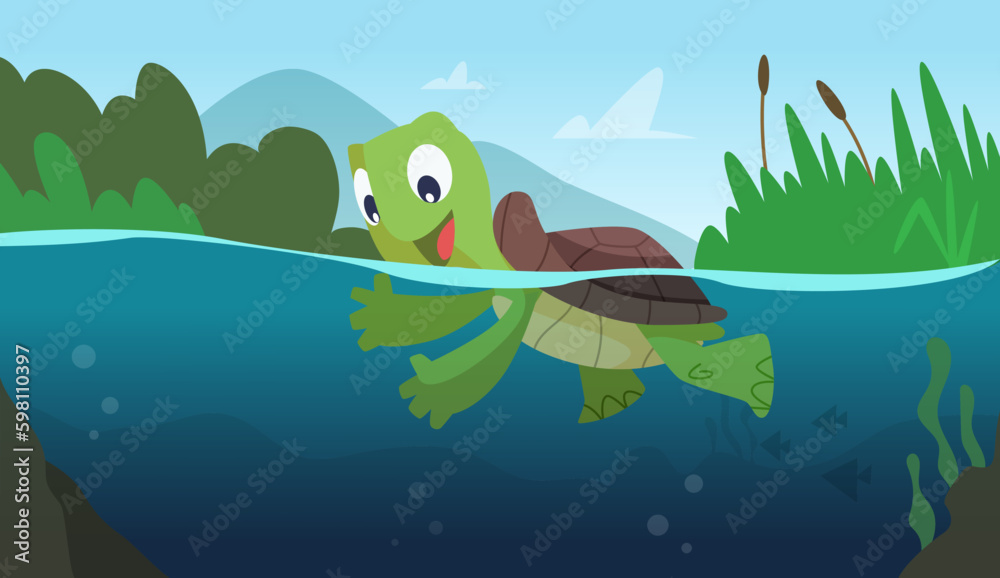 Turtle swimming. river or swamp life. Vector reptile turtle cartoon ...