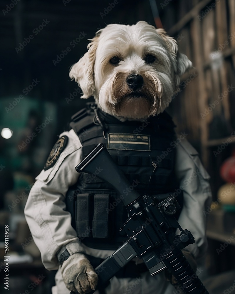 A white Maltese dog as a SWAT operator holding a rifle, Swat team,black ...