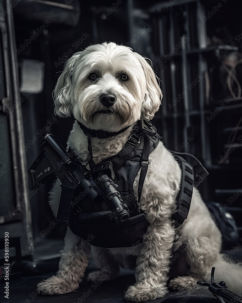 A white Maltese dog as a SWAT operator holding a rifle, Swat team,black ...