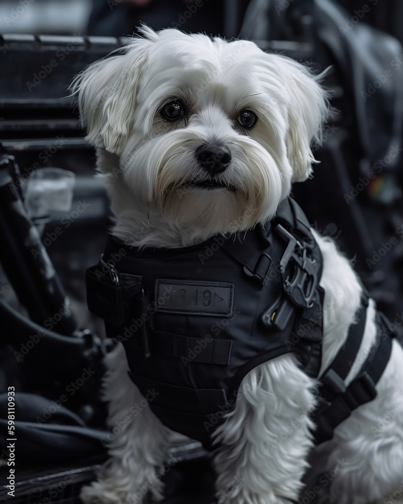 A white Maltese dog as a SWAT operator holding a rifle, Swat team,black ...