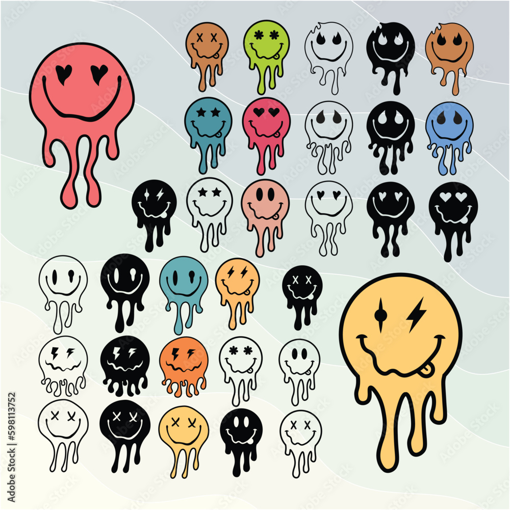 Groovy Melting Smiling Faces. Psychedelic Distorted Emoji Vector ...