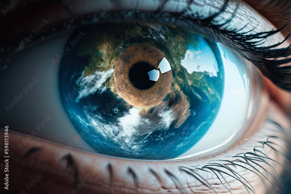Reflection of the planet earth in the human eye. Represent themes of ...