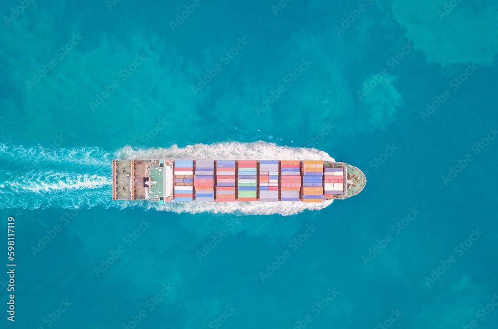 Top view Container ship loading and unloading in sea port, Aerial view ...