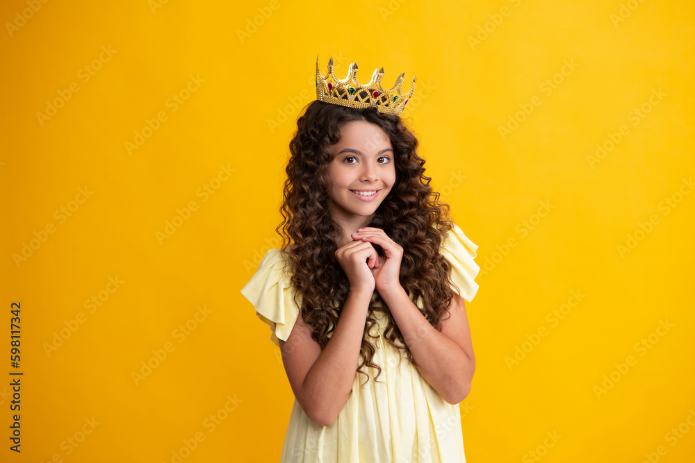 Portrait of ambitious teenage girl with crown, feeling princess, confidence. Child princess ...