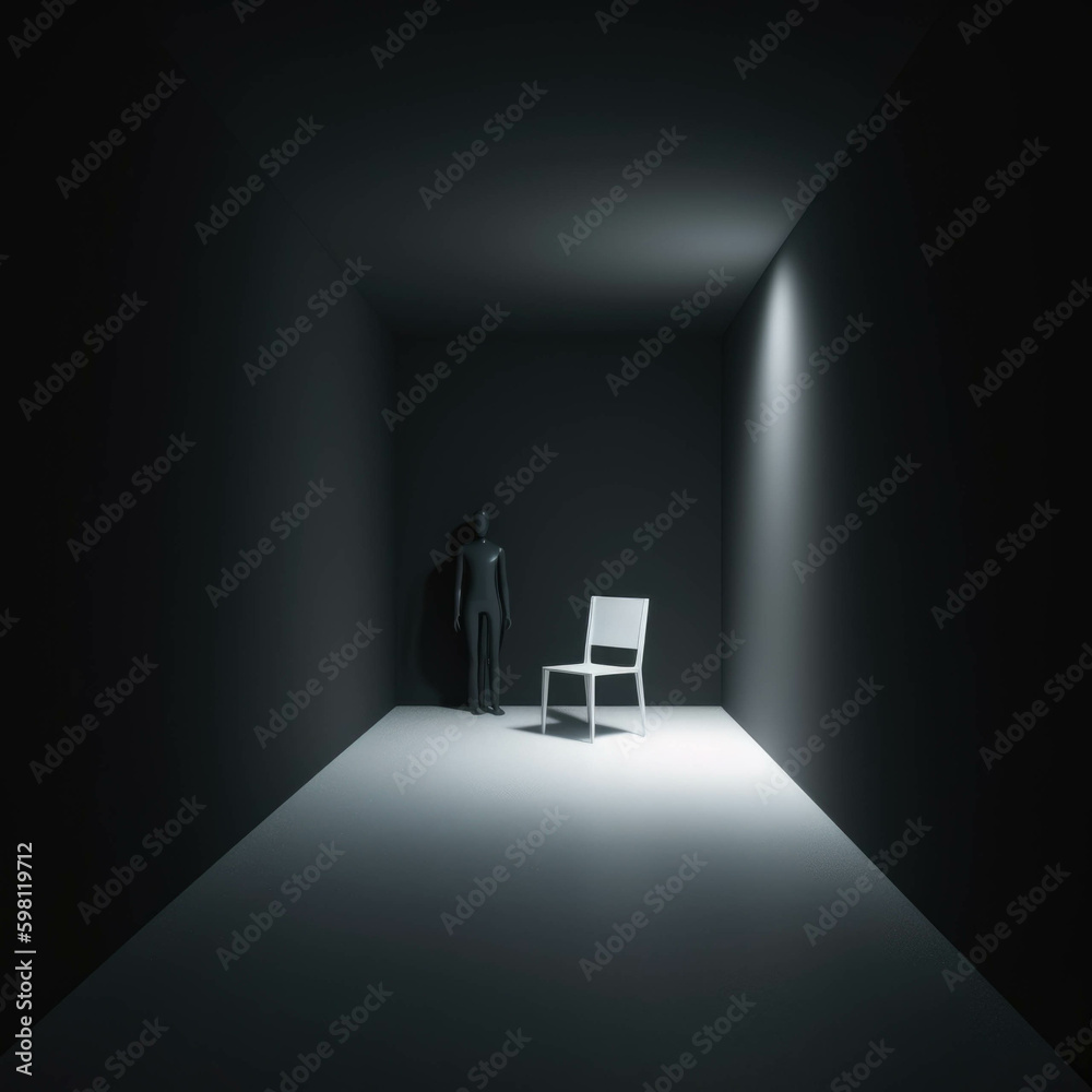 An empty white space with a single lone chair situated in the middle of ...