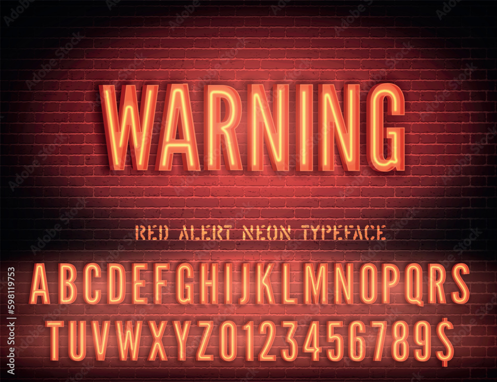 Soviet night light glow font with numbers. Warning sign with red narrow ...