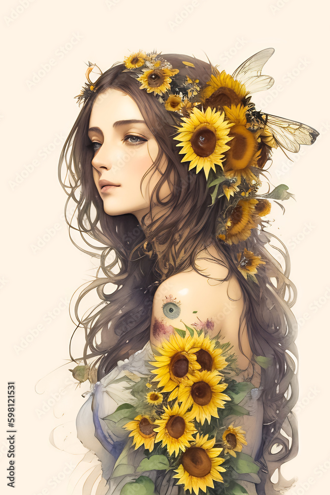 Beautiful brunette lady Spring decorated with field spring flowers ...