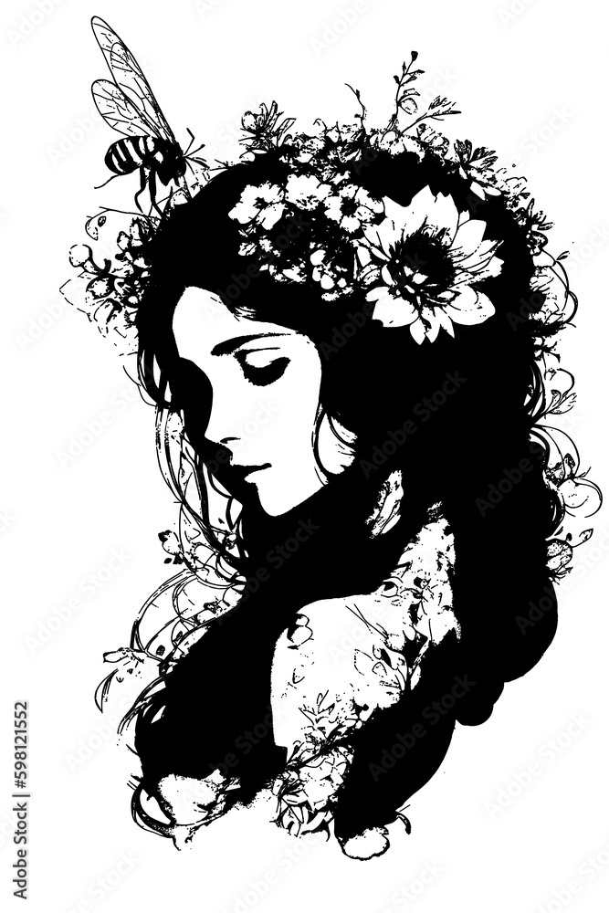 Beautiful brunette lady, Spring goddess decorated with field spring ...