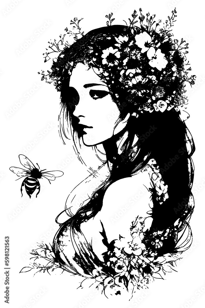 Beautiful brunette lady, Spring goddess decorated with field spring ...
